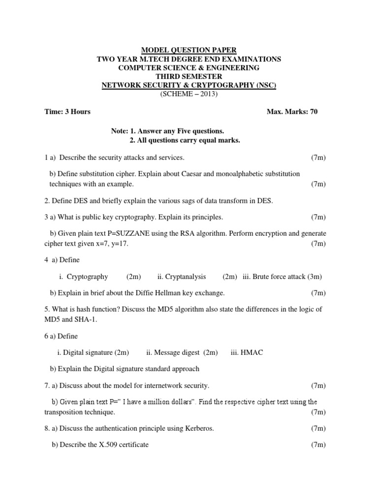 Model Question Paper Two Year M.Tech Degree End Examinations Computer Science & Engineering ...