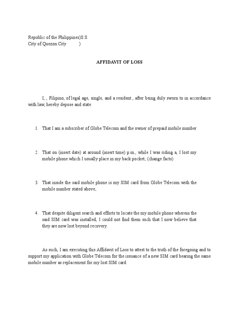 Lost and Found: Affidavit of Loss for a Misplaced Mobile Phone and SIM Card | PDF