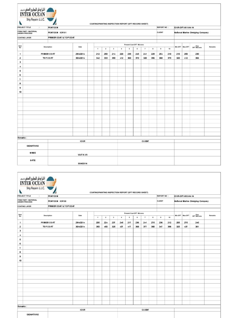 DFT Paint Inspection Report Template | PDF | Art Media | Chemical Processes
