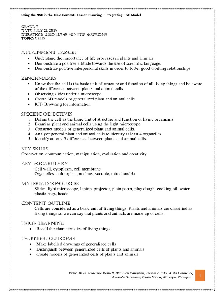Lesson Plan - Cells-Final Mopdf | PDF | Life | Cell (Biology)