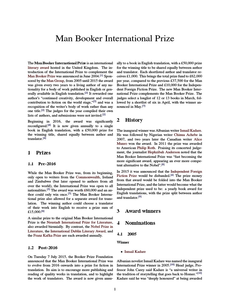 Man Booker International Prize | PDF | Fiction Awards | European Literature