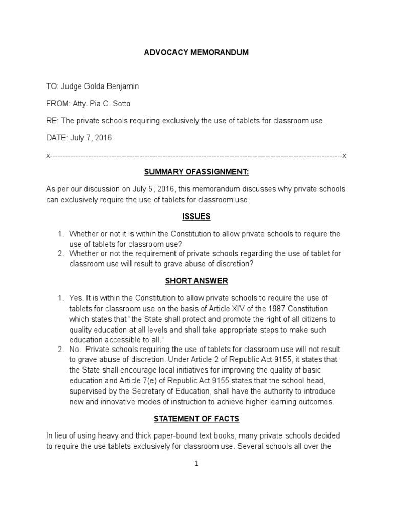 Advocacy Memorandum (Sample) | Classroom | Government
