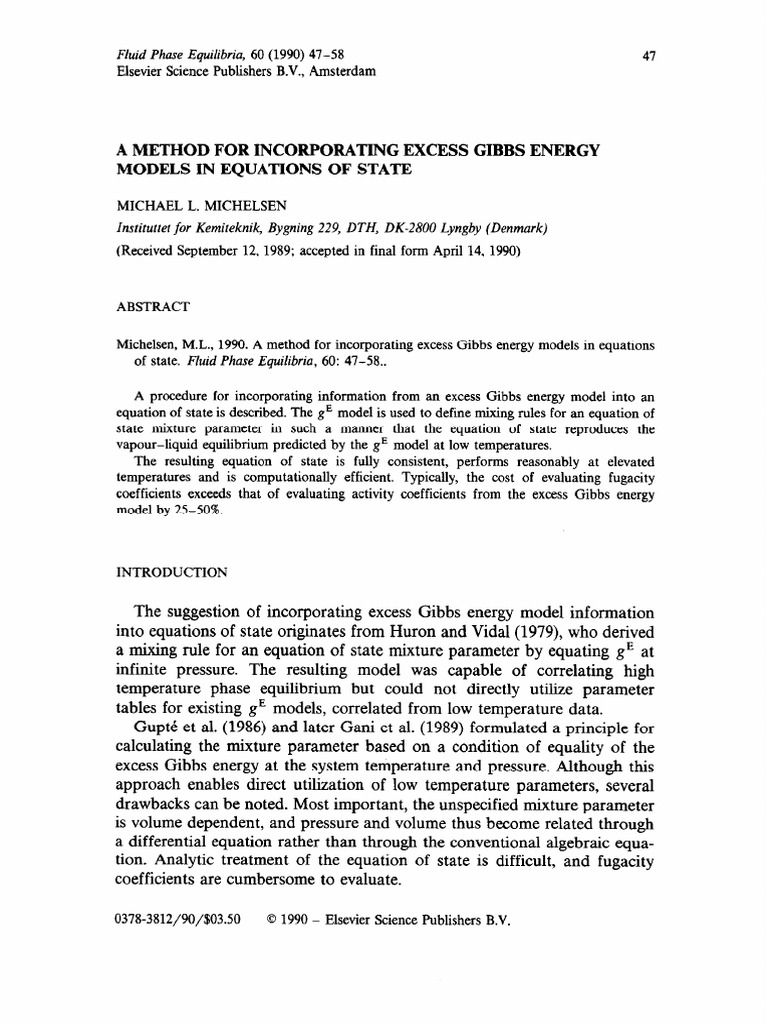 Michelsen (1990) - Method For Incorporating Excess Gibbs Energy ...