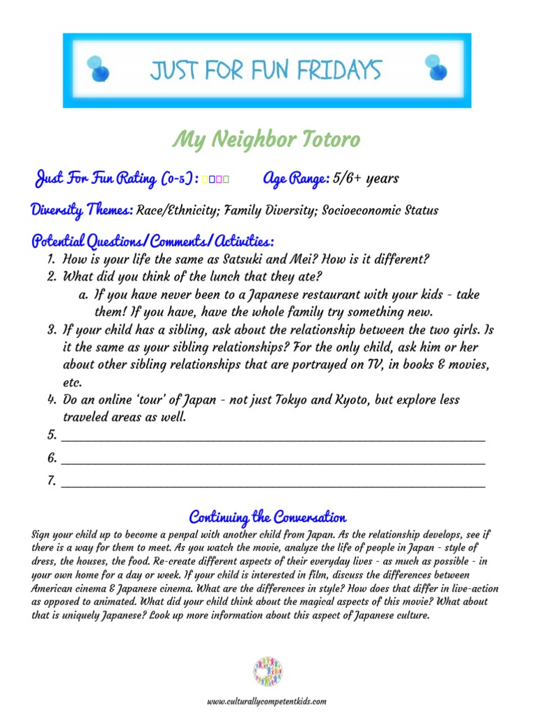 My Neighbor Totoro: Just For Fun Rating (0-5) : Age Range: Diversity ...