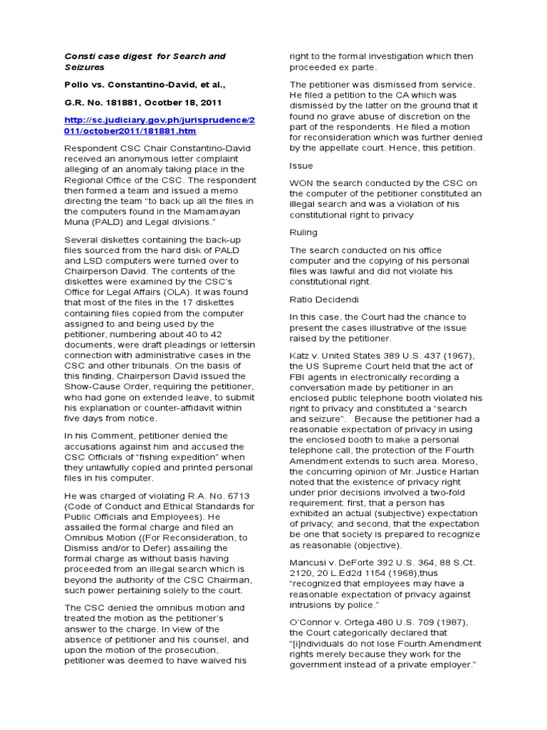 Consti Case Digest For Search and Seizures | PDF | Search And Seizure | Reasonable Suspicion