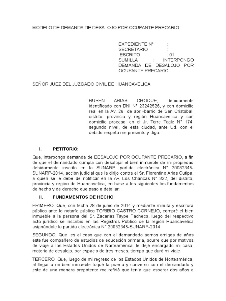Modelo de Demanda de Desalojo Por Ocupante Precario | PDF | Demanda ...