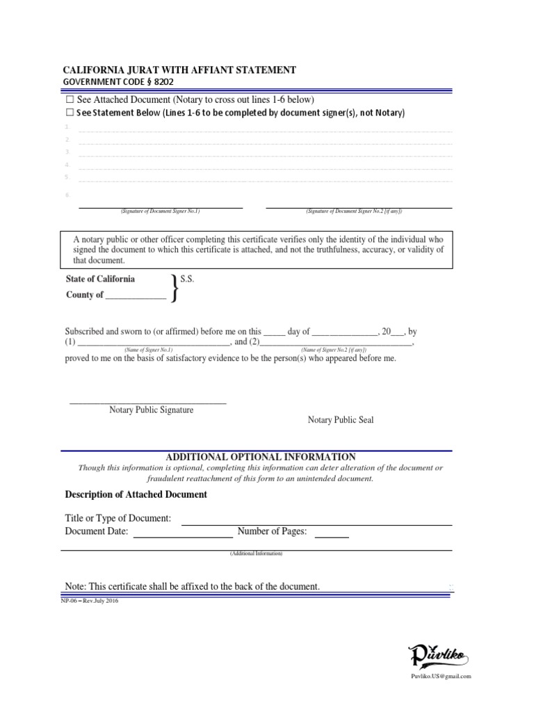 NP-06 - California Jurat With Affiant Statement - Rev - July 2016 | PDF