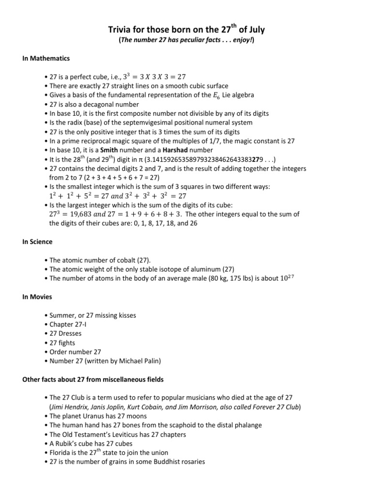 Facts About Number 27 | PDF | Integer | Decimal