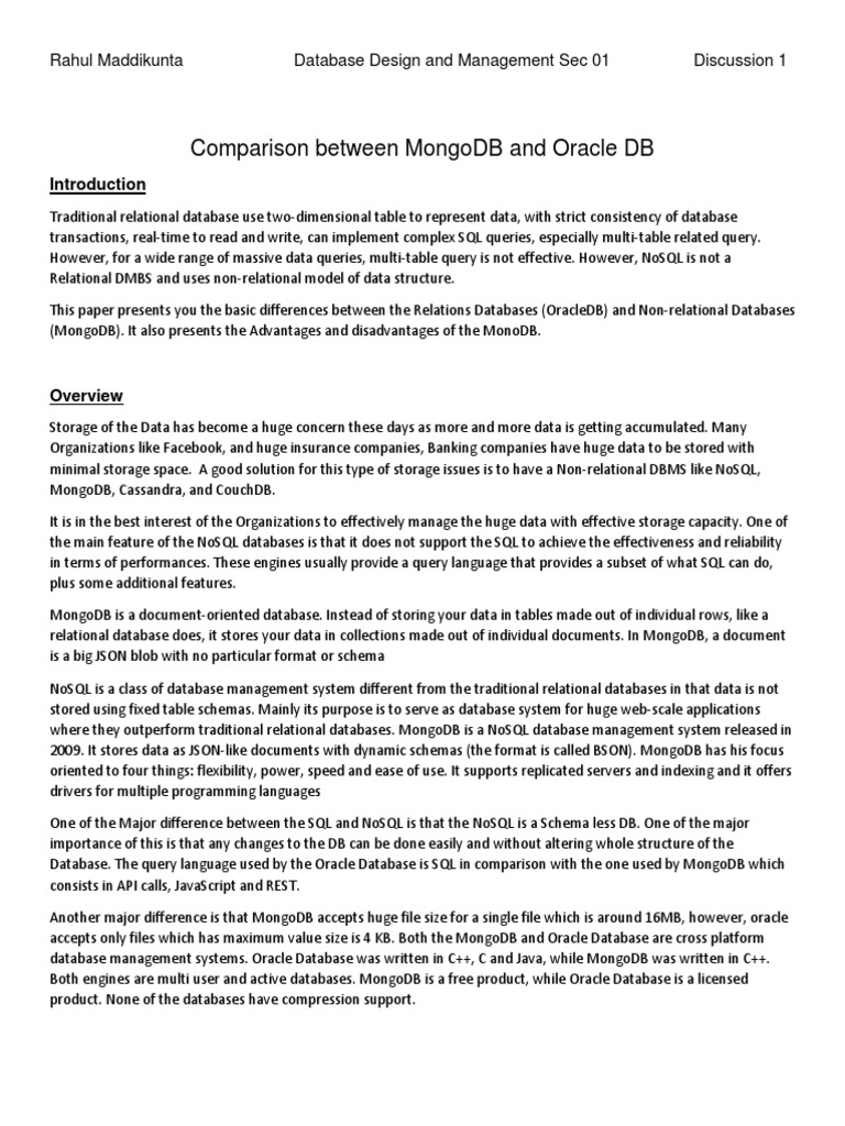 Mongodb Vs Oracle Comparison Review Pdf No Sql Mongo Db