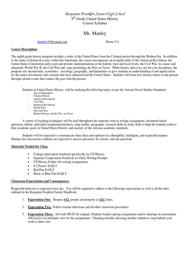 8th Grade U.S. History Course Syllabus | PDF | Test (Assessment) | Homework