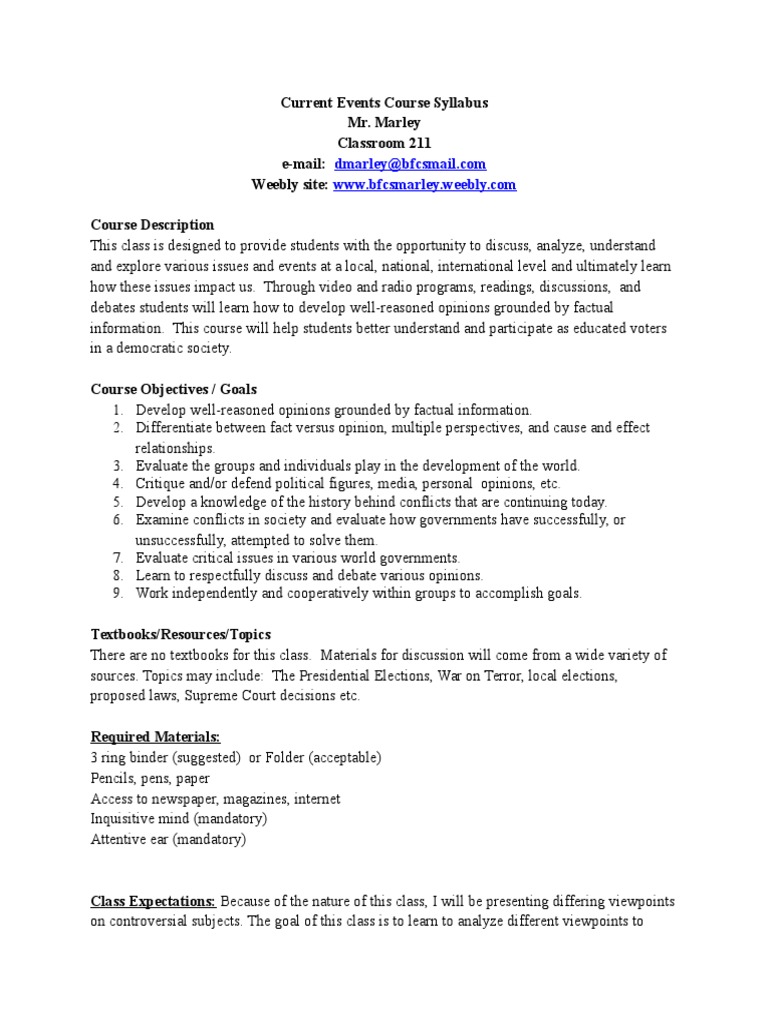 Current Events Course Syllabus | PDF | Quiz | Homework