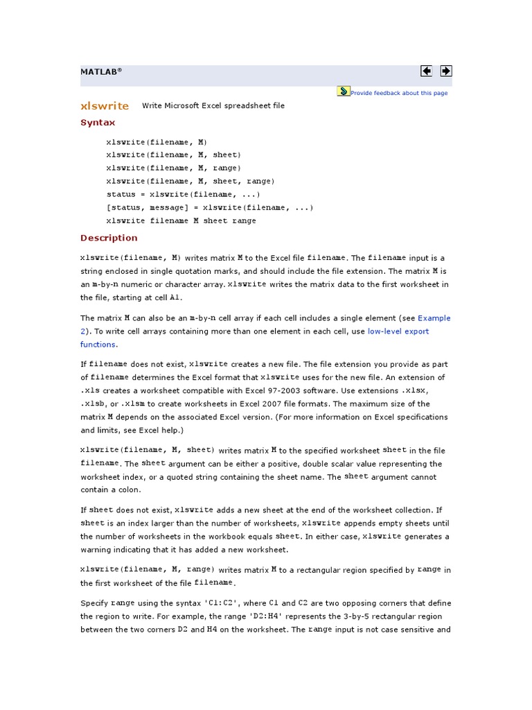 Xlswrite Write Microsoft Excel Spreadsheet File | PDF | Filename | Microsoft Excel