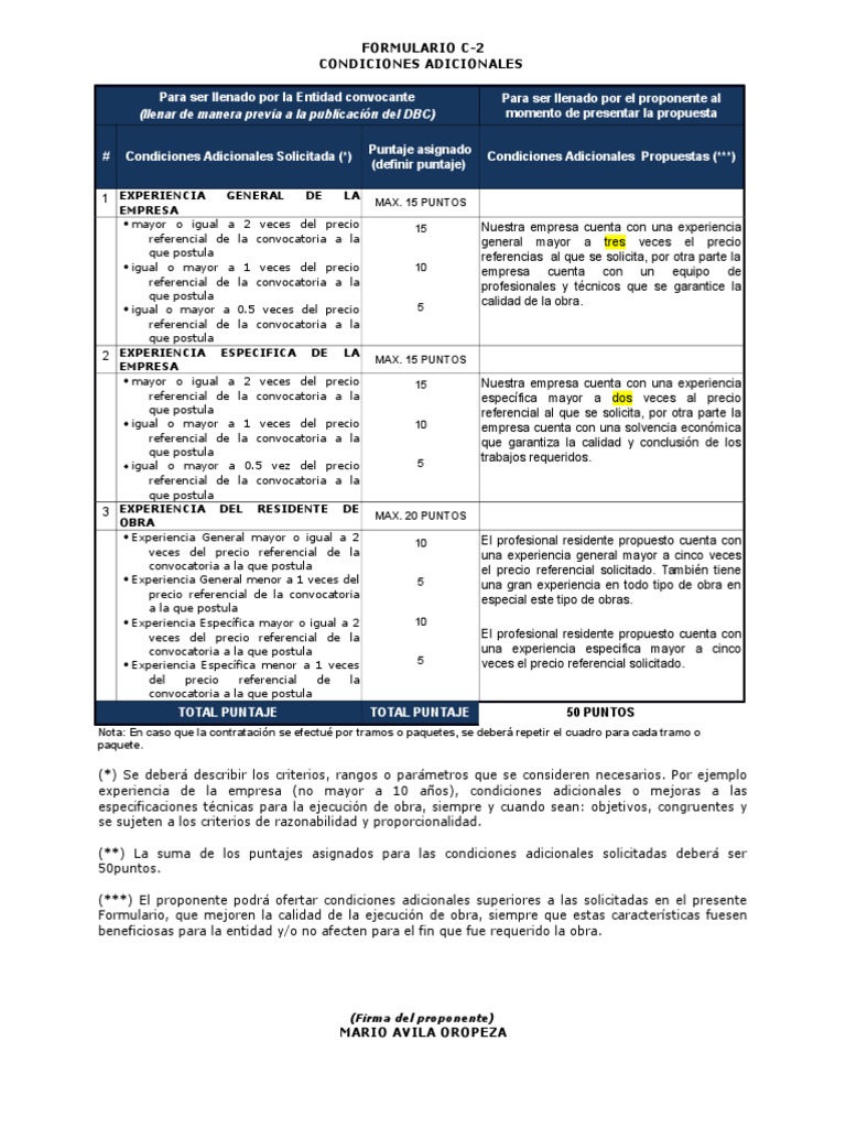 Formulario C-2 Condiciones Adicionales | PDF | Calidad (comercial) | Precios