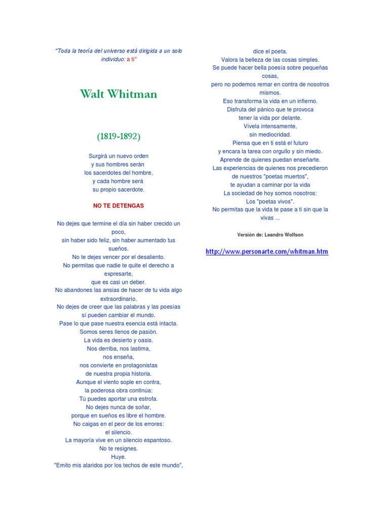No Te Detengas Walt Whitman | PDF