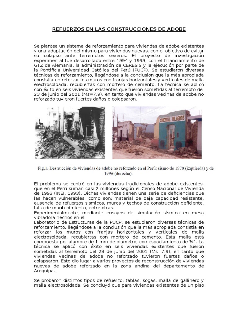 Reforzamiento A Las Construcciones de Adobe | PDF | Concreto reforzado ...