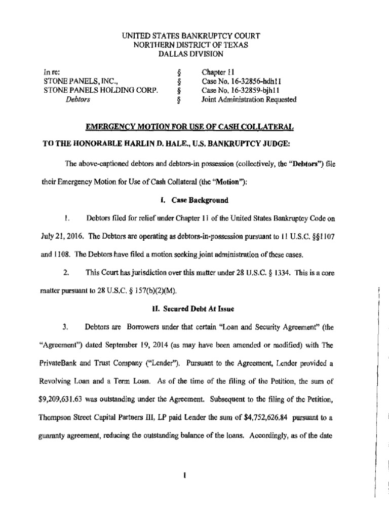 Emergency Cash Collateral Motion | PDF | Chapter 11 | Bankruptcy