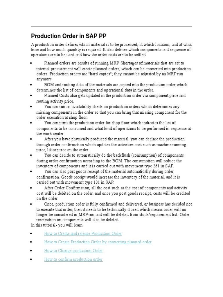 SAP PP Production Order Guide | PDF | Receipt | Inventory