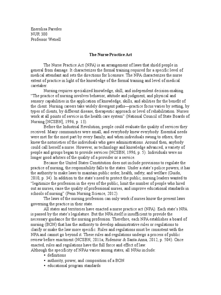 The Nurse Practice Act Final Paper | PDF | Nursing | Profession