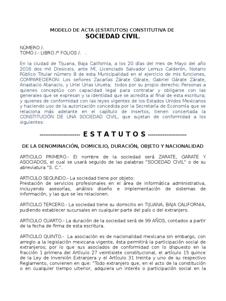 Acta Constitutiva Sociedad Civil | Liquidación | Nacionalidad