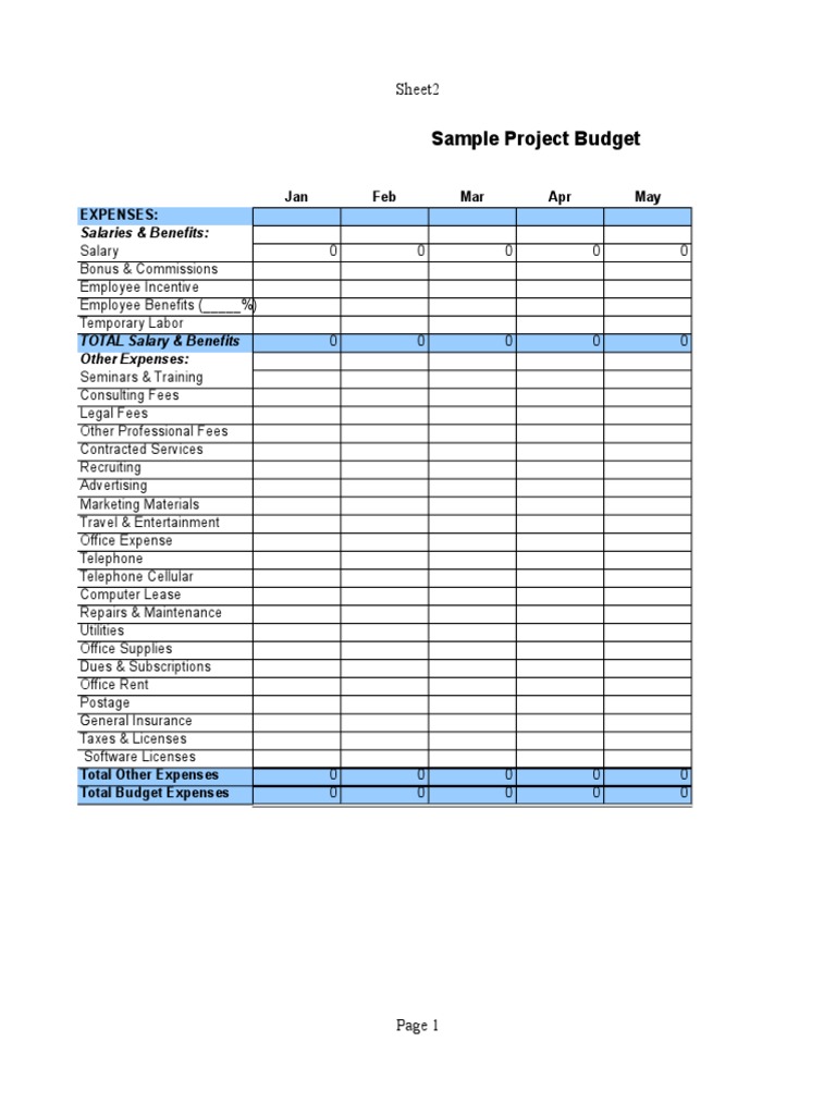 Sample Project Budget: Sheet2 | PDF