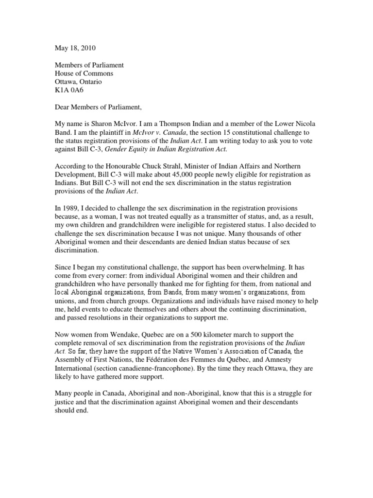 Sharon McIvor Letter To MPs | PDF | Canada | Government Information