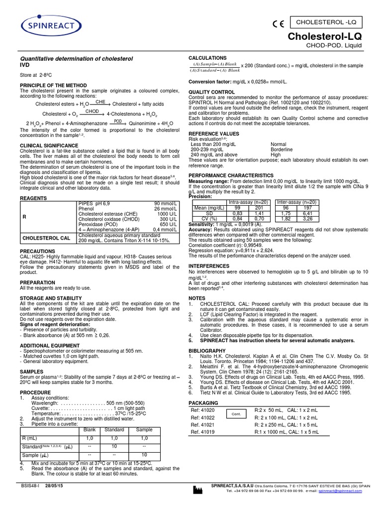 Inserto CHOL - LIQ SPINREACT | PDF | Cholesterol | Chemistry