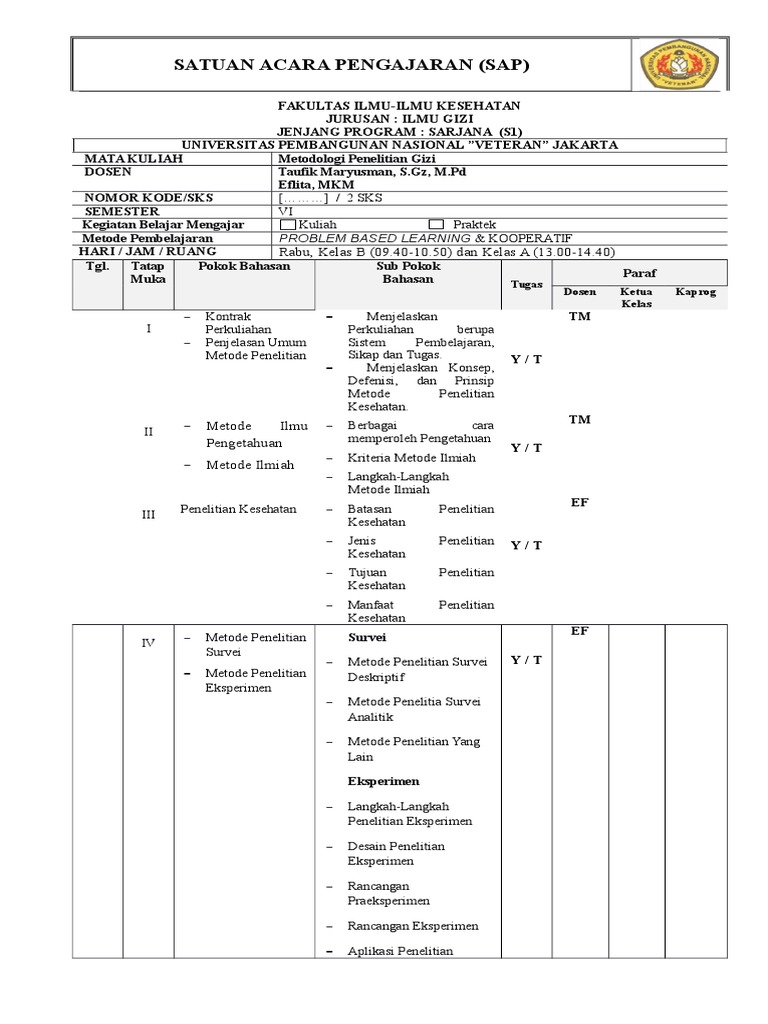 Format Sap Metodologi Penelitian Gizi | PDF
