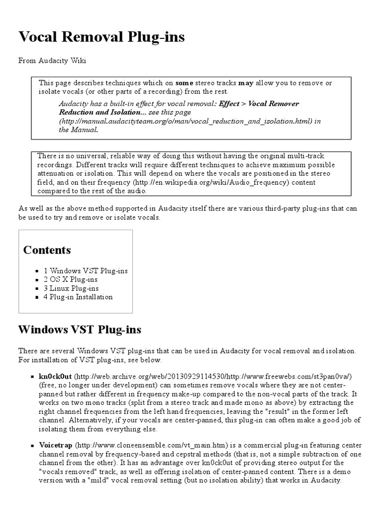 Vocal Removal Plug-Ins - Audacity Wiki | PDF | Plug In (Computing) | Software
