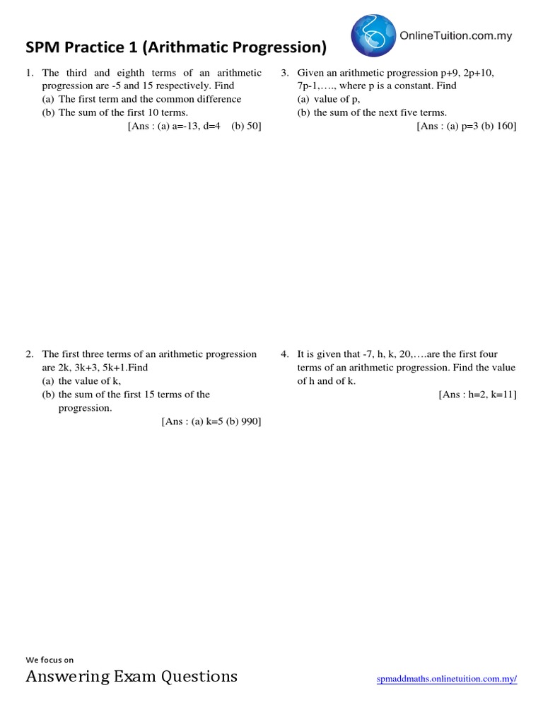 SPM Practice 1 (Arithmatic Progression) : Answering Exam Questions | PDF | Arithmetic ...
