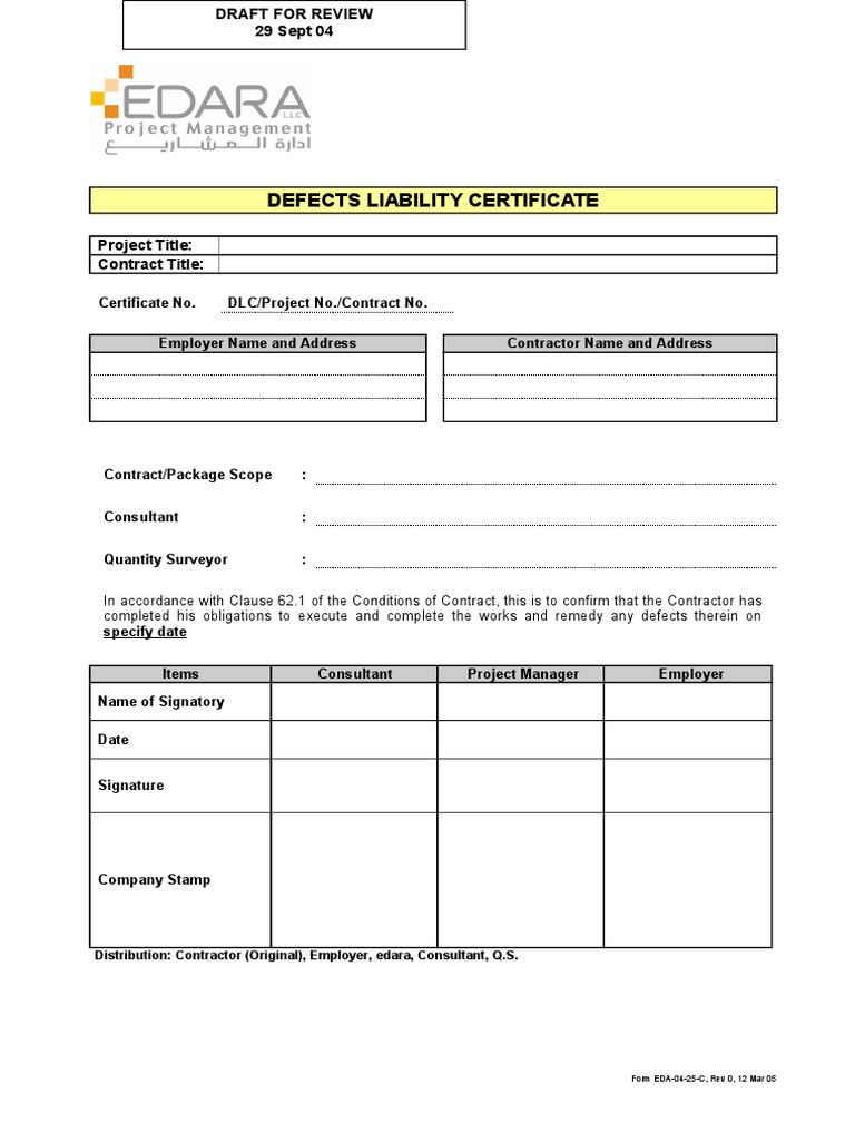 Defects Liability Certificate Template | PDF