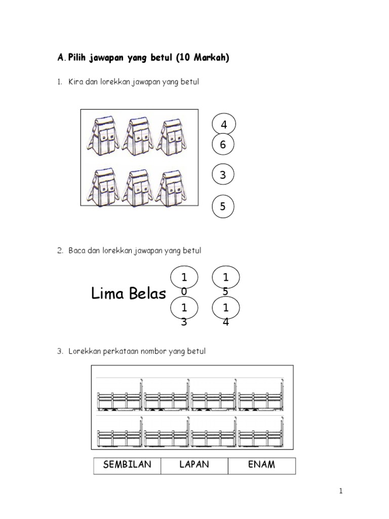 Soalan Matematik Tahun 1 (Peperiksaan Pertengahan Tahun) | PDF