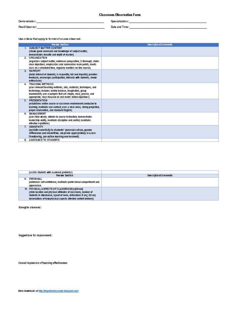 Classroom Observation Evaluation Form | PDF | Business