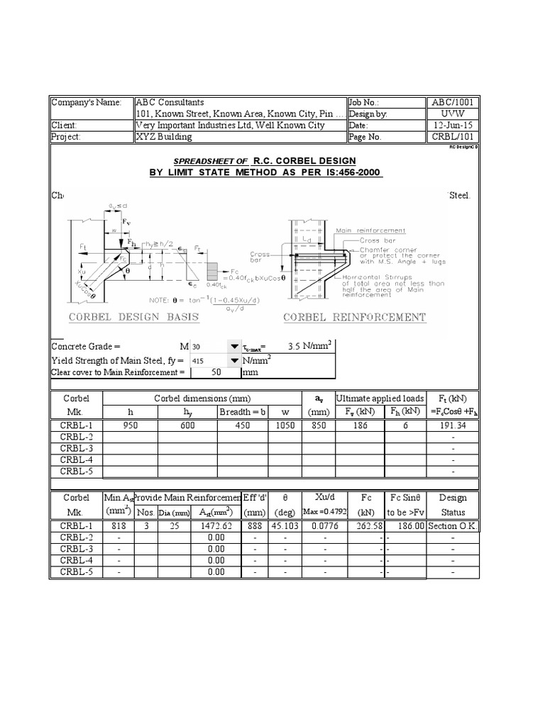 R.C. Corbel Design by Limit State Method As Per Is:456-2000 | PDF