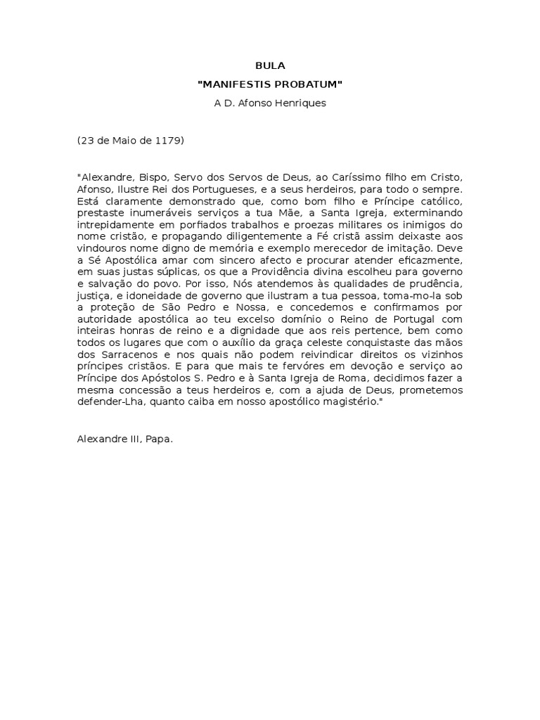 Bula Manifestis Probatum de 1179 | PDF