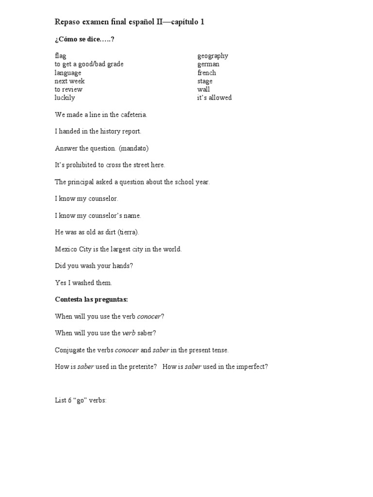 Repaso Examen Final Español II Spring-1 | PDF | Nature