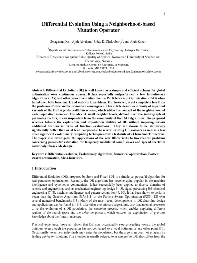 Differential Evolution Using A Neighborhood-Based Mutation Operator | PDF | Mathematical ...