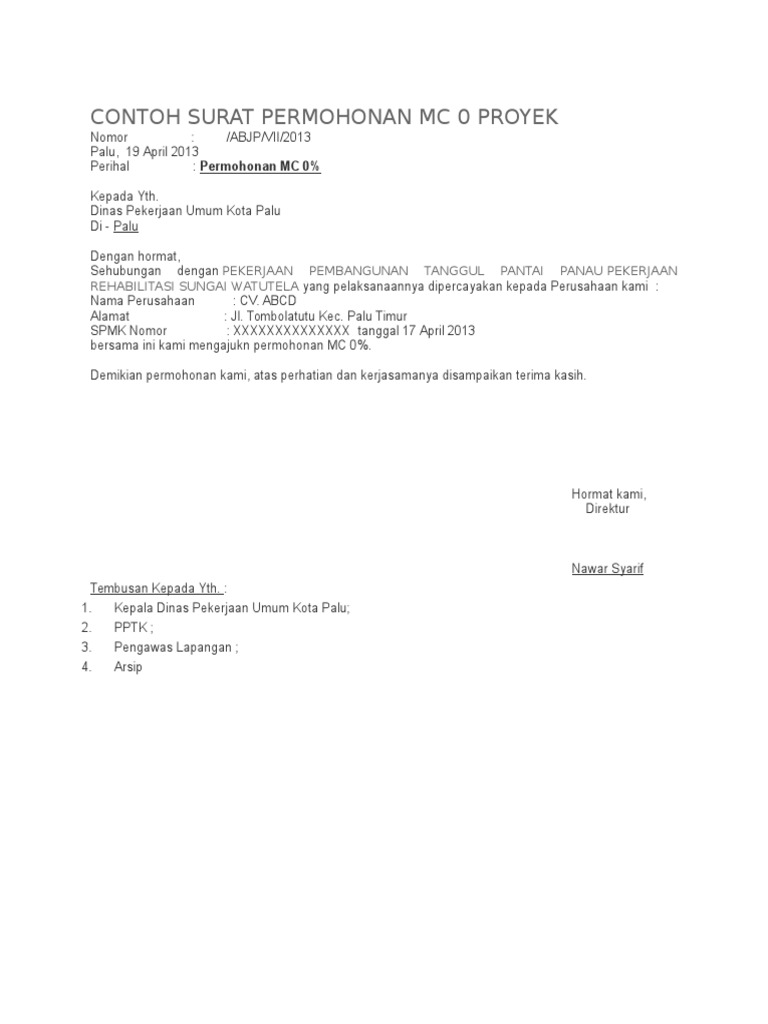 Contoh Surat Permohonan MC 0 Proyek | PDF