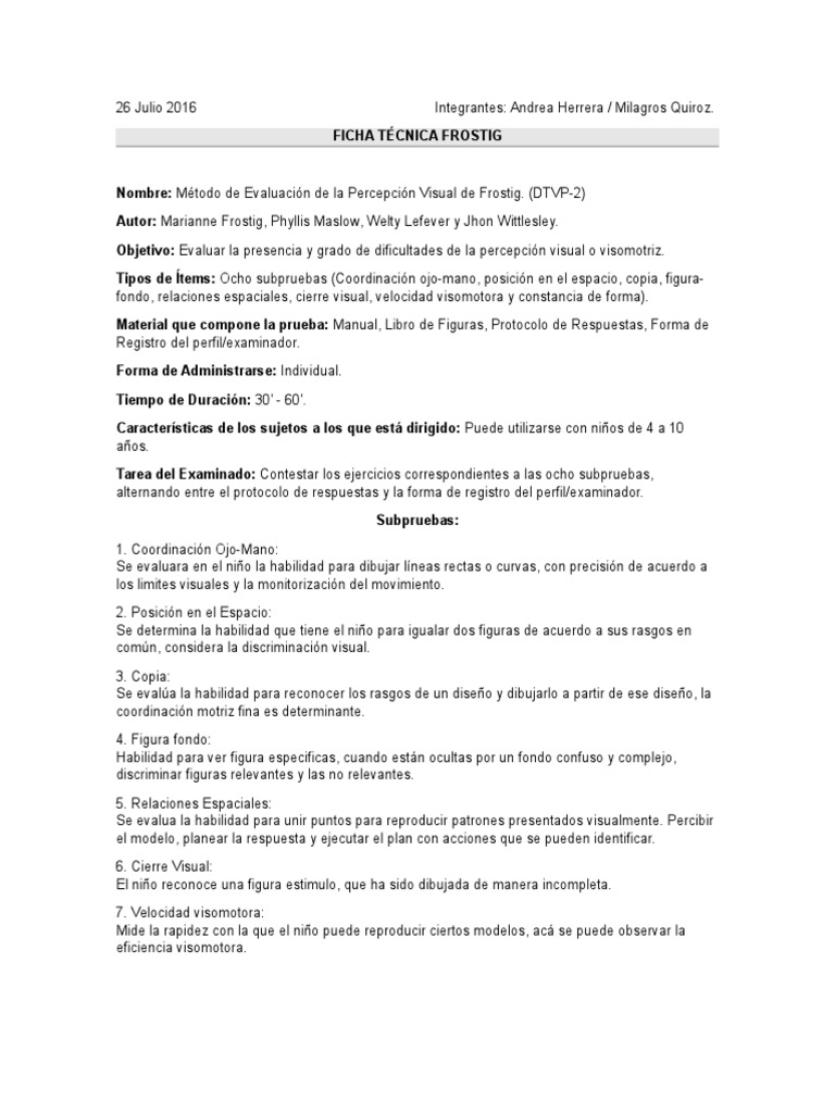 Prueba Frostig: Evaluación Visual Infantil | PDF | Percepción | Espacio