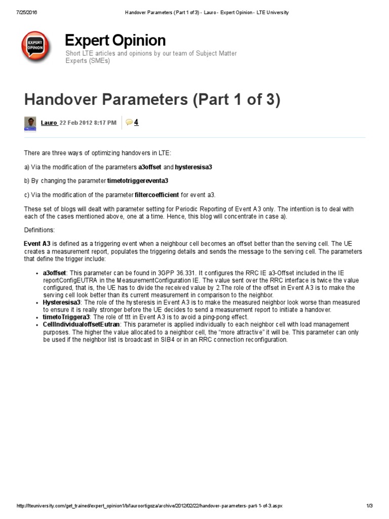 Handover Parameters (Part 1 of 3) - Lauro - Expert Opinion - LTE ...