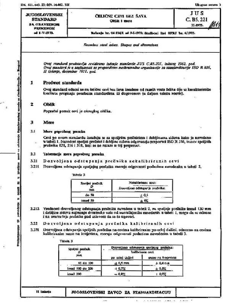 JUS C.B5.221 - 1973 - Celicne Besavne Cevi, Oblik I Mere | PDF