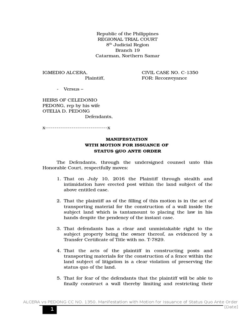 Motion For Issuance of Status Quo Ante Order | PDF | Lawsuit | Judiciaries