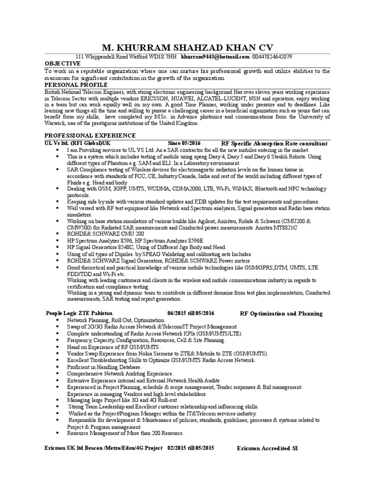 Telecom Engineer CV of M. Khurram Khan | PDF | Lte (Telecommunication ...