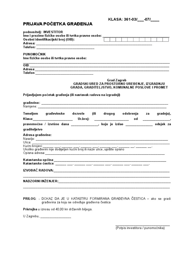 Obrazac za prijavu gradilišta Zagreb | PDF