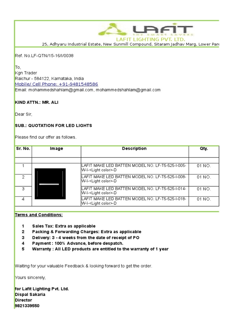 Lafit Lighting Pvt. LTD.: Mobile/ Cell Phone: +91-9481548586 | PDF