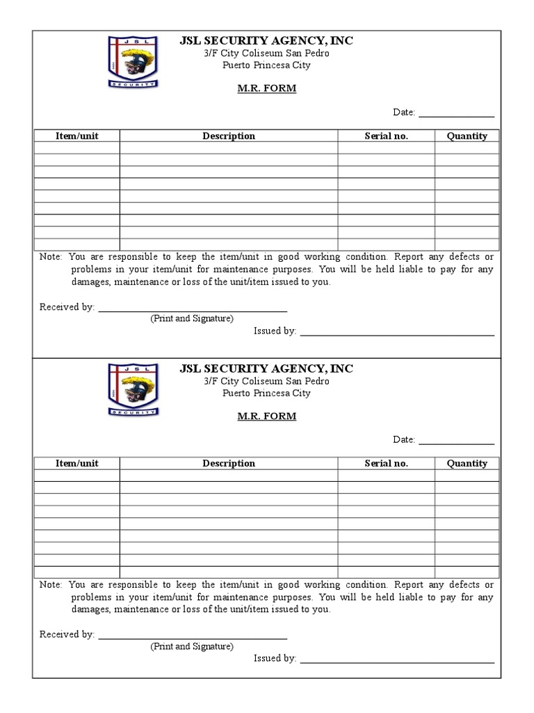 JSL Security Agency M.R. Form | PDF