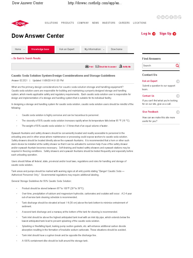 DOW Caustic Soda Solution System Design Considerations and Storage ...