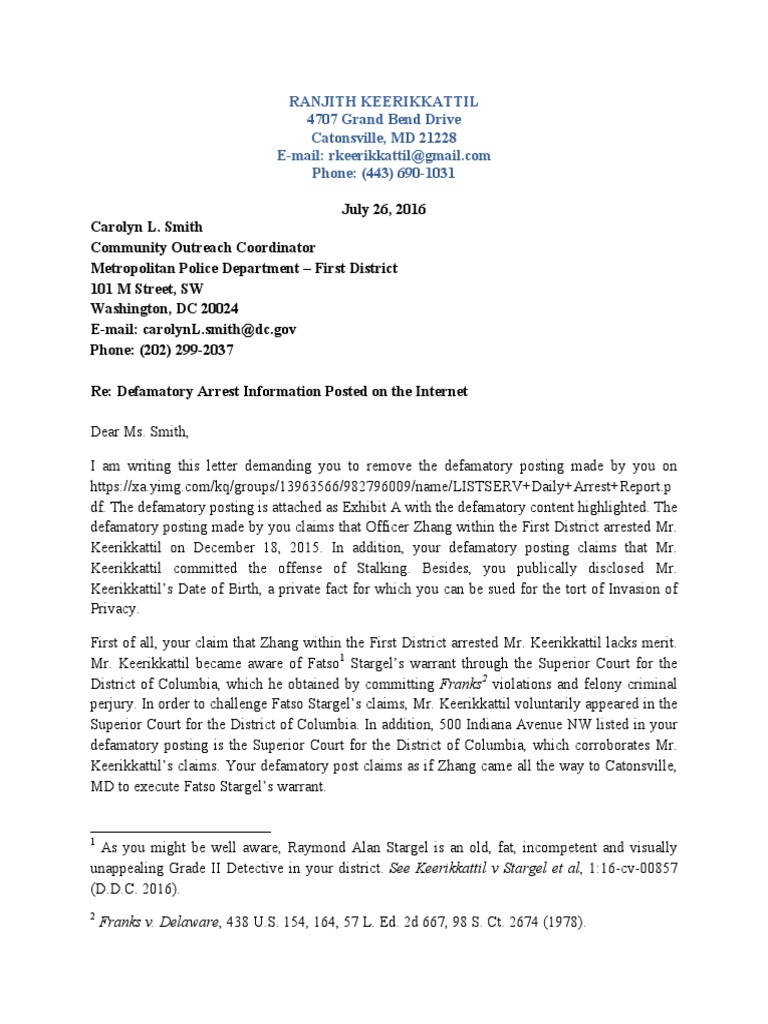 Ranjith Keerikkattil False and Defamatory Information | PDF ...