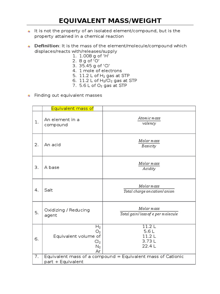 Equivalent Mass/Weight: Definition: It Is The Mass of The Element ...