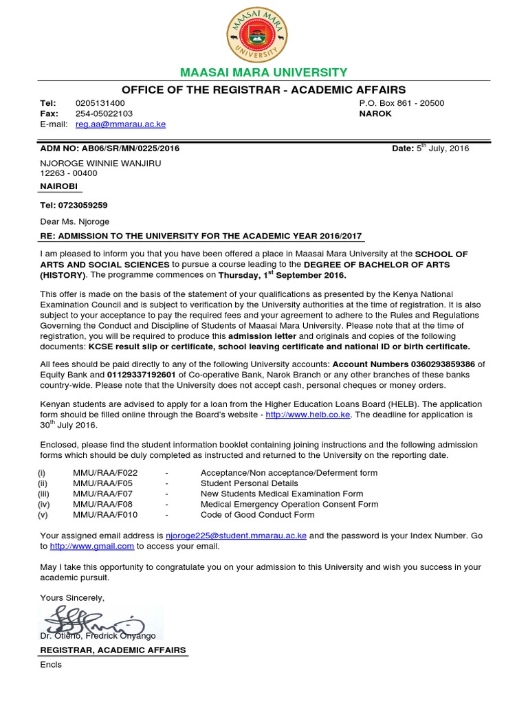 Maasai Mara University [Njoroge Winnie Wanjiru] Admission Letter ...
