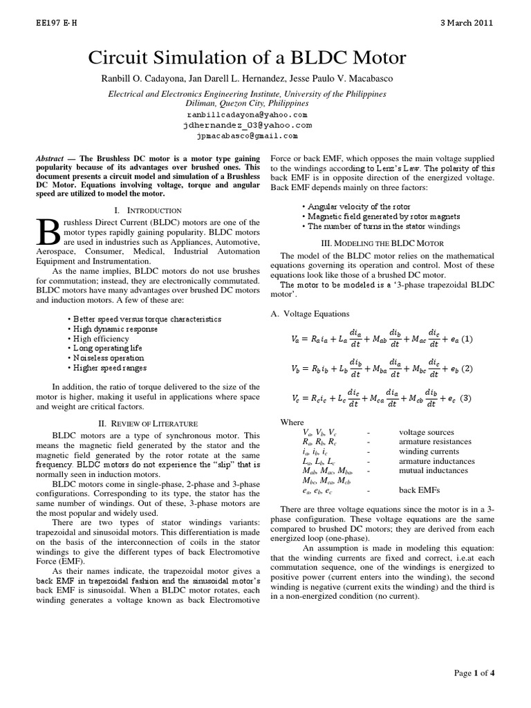 Circuit Simulation of A BLDC Motor | PDF | Electric Motor | Physics